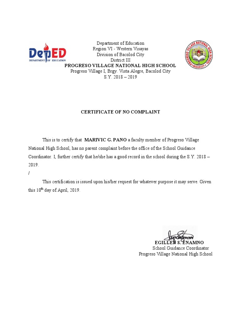 Certificate of No Complaint for Faculty | PDF