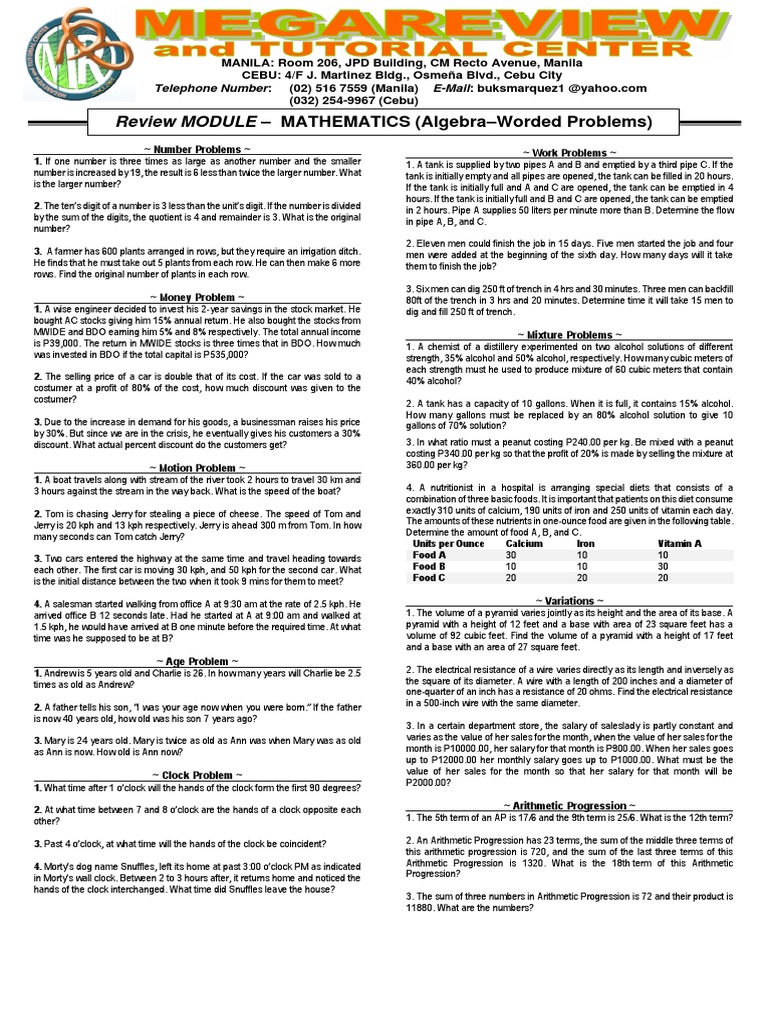 Review-Module 2-Mathematics-Algebra-Worded-Problems PDF | PDF | Mean ...