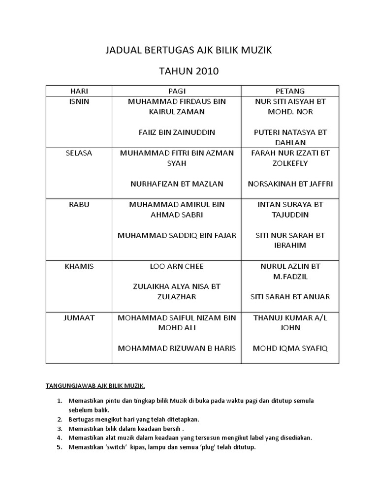 Jadual Bertugas Ajk Bilik Muzik | PDF