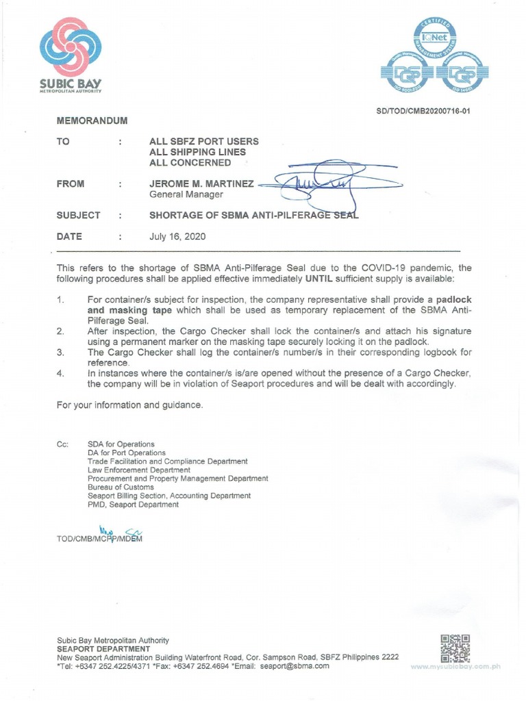SBMA Seaport Memorandum On Anti Pilferage Seal | PDF