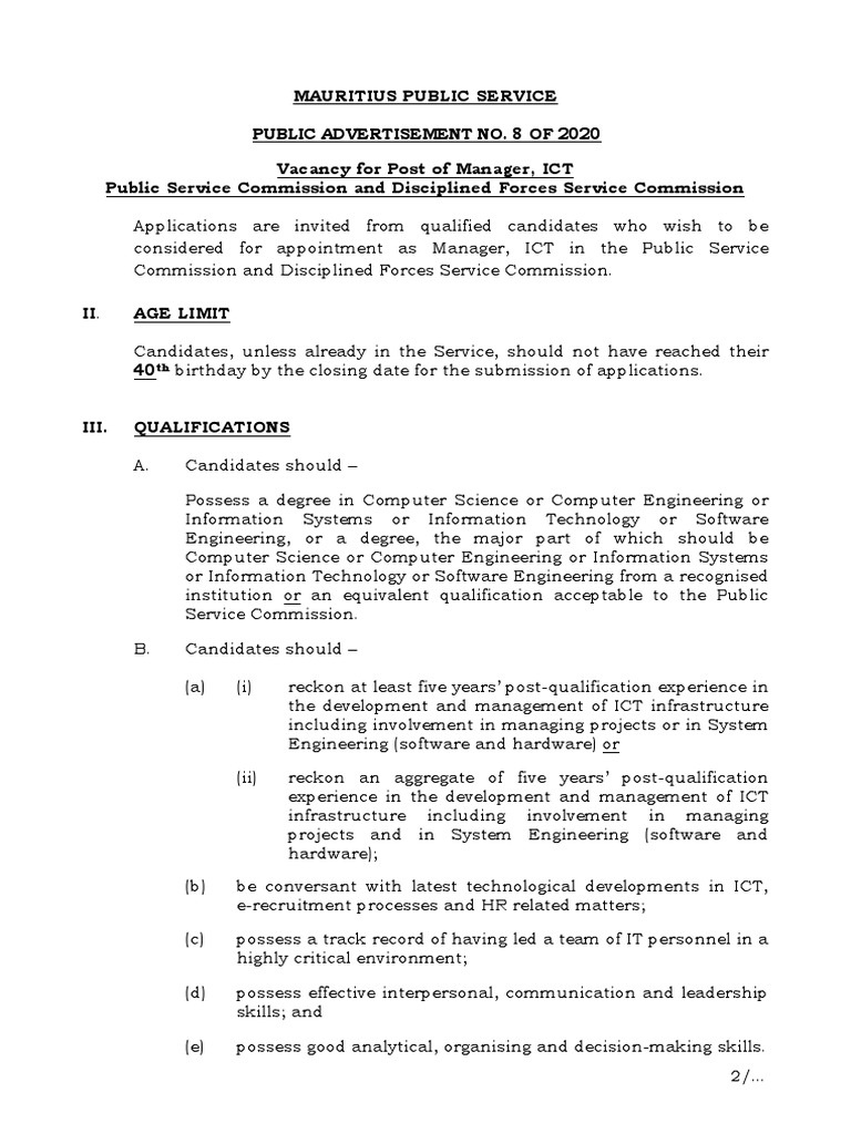Mauritius Public Service Public Advertisement No. 8 of 2020 Vacancy For ...