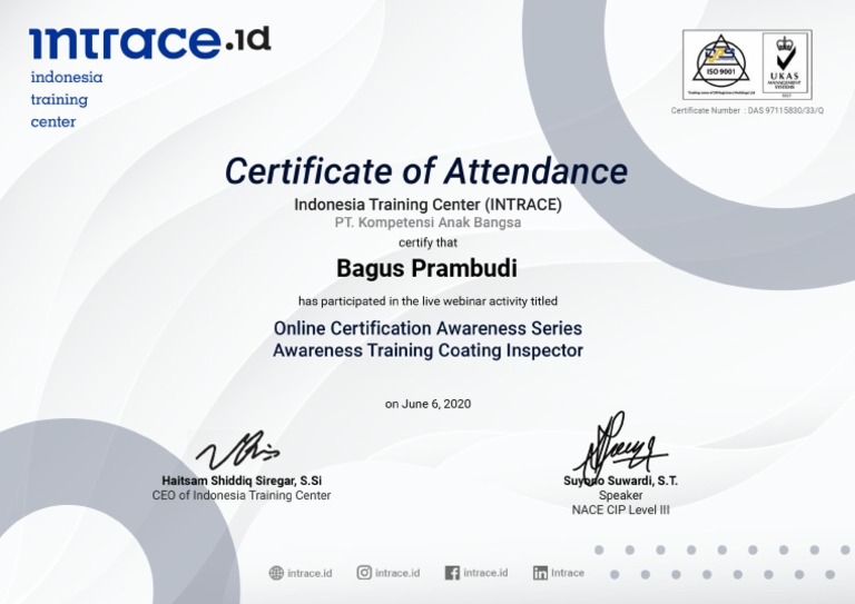 Intrace - Certificate Awareness Training Coating Inspector 795 | PDF