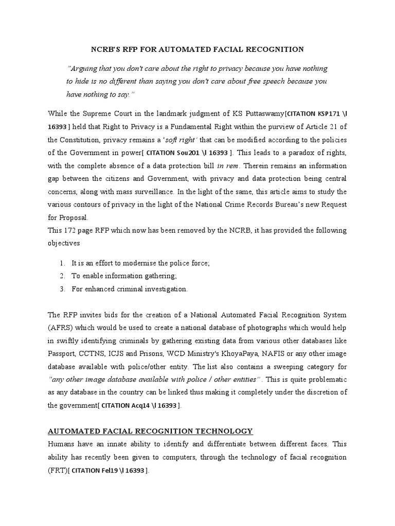 NCRB 2019 RFP for Facial Recognition System | PDF | Privacy | Right To ...