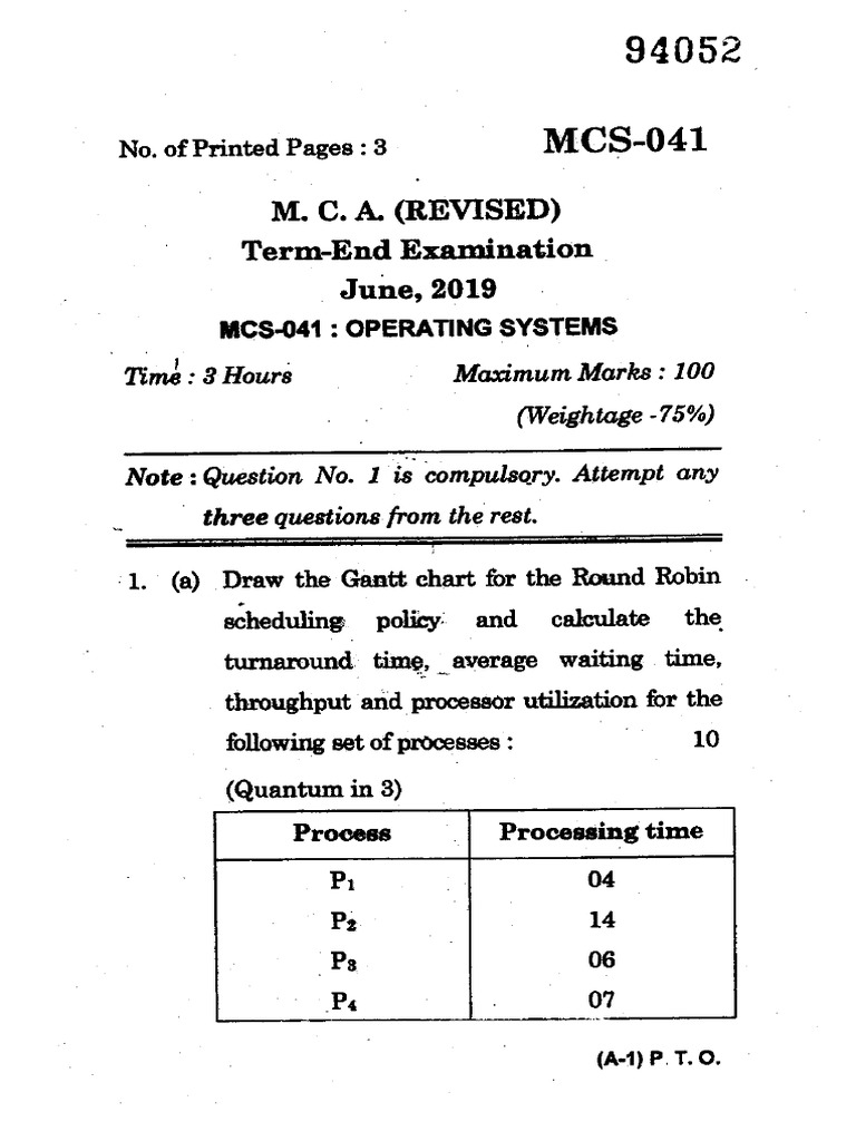 M. C. A. (Revised) Term-End Examination June, 2019: Mcs-041: Operating Systems | PDF | Operating ...