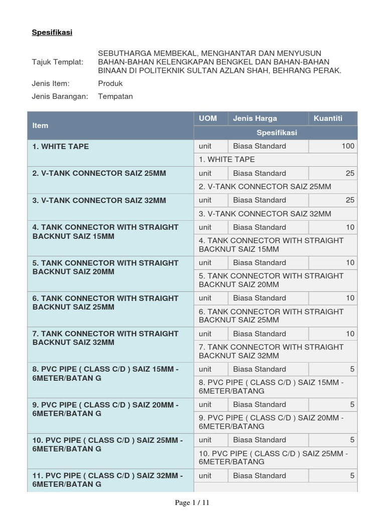Item UOM Jenis Harga Kuantiti Spesifikasi | Download Free PDF | Pipe ...