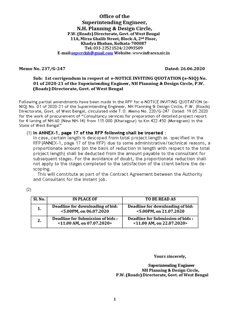 Office of The Superintending Engineer, N.H. Planning & Design Circle ...
