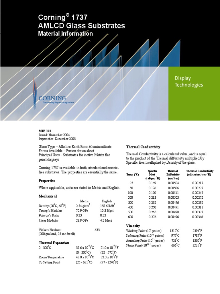Corning 1737 AMLCD Glass Substrates: Material Information | PDF ...