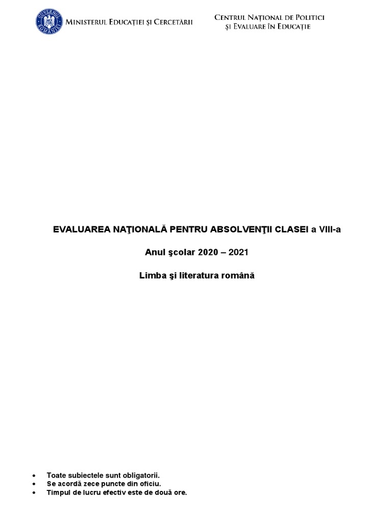 ENVIII 2021 Model Limba Romana Varianta PDF | PDF