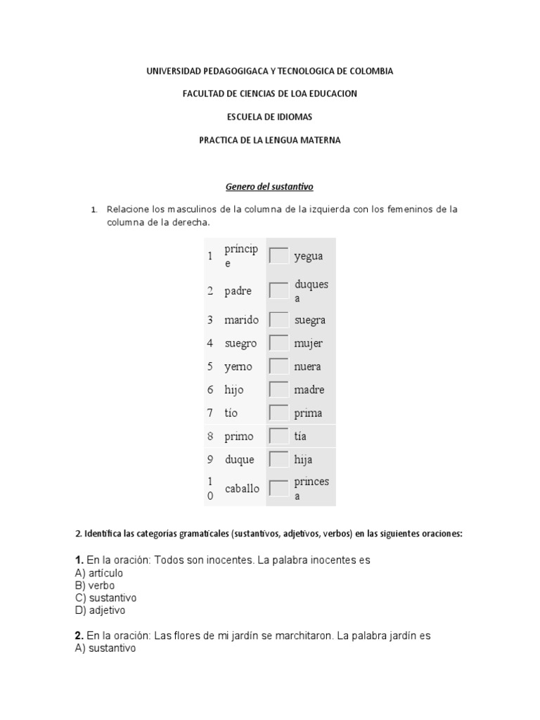 Ejercicios de Sustantivos Adjetivos y Verbos | PDF