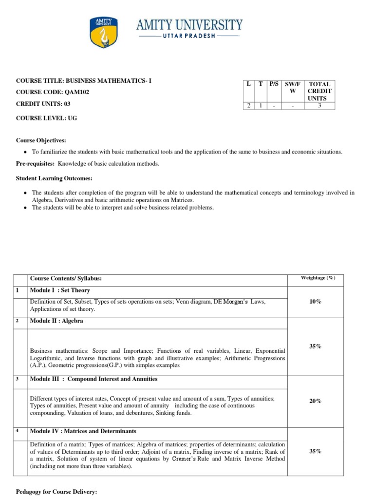 Course Title: Business Mathematics-I Course Code: Qam102 Credit Units: 03 Course Level: Ug L T P ...