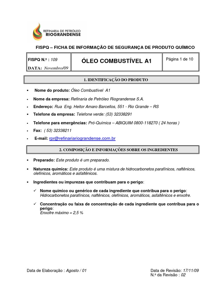 FISPQ Oleo Combustivel A1 | PDF | Combustão | Solubilidade