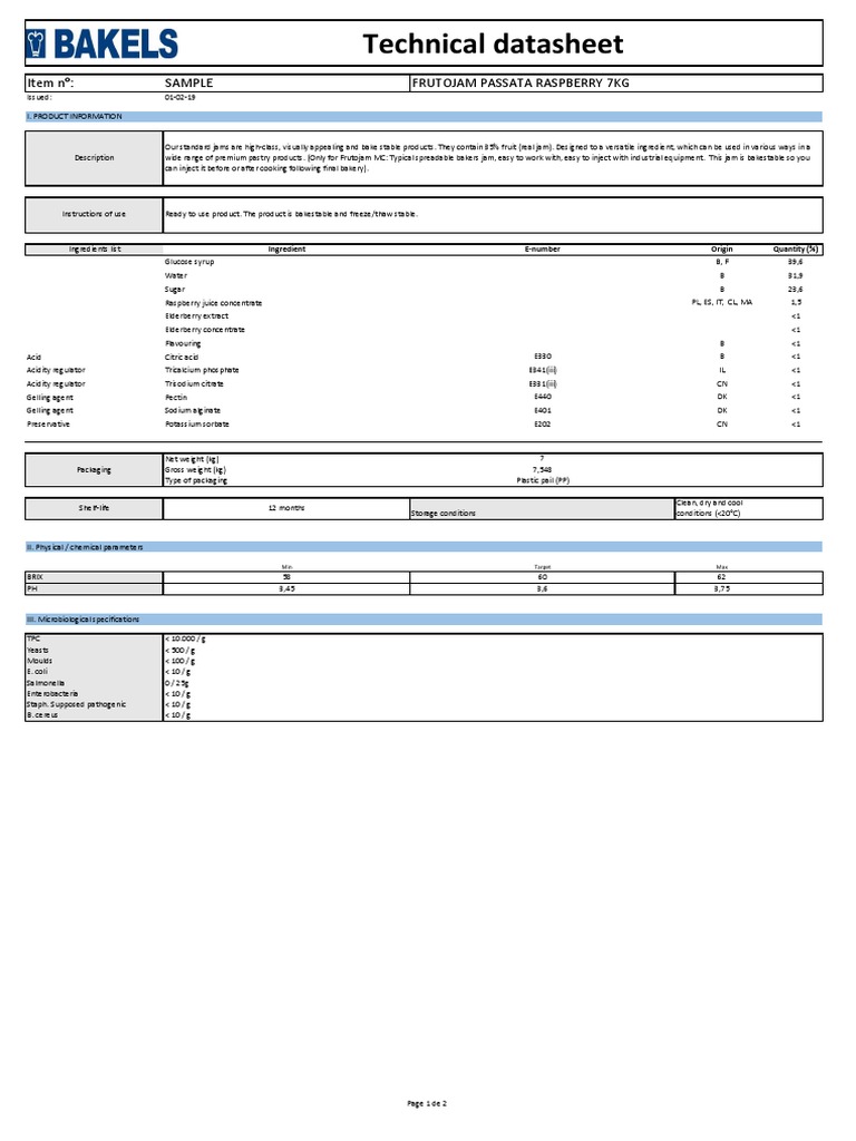 Technical Specifications and Nutritional Information for Raspberry Jam ...