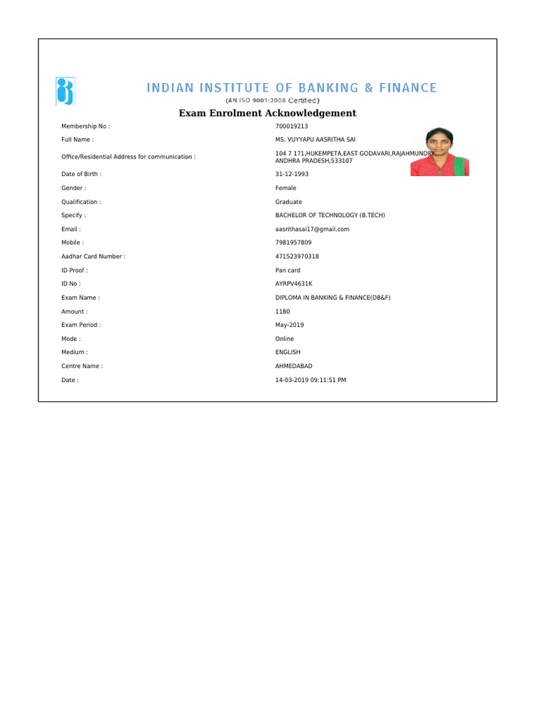Exam Enrolment Acknowledgement | PDF