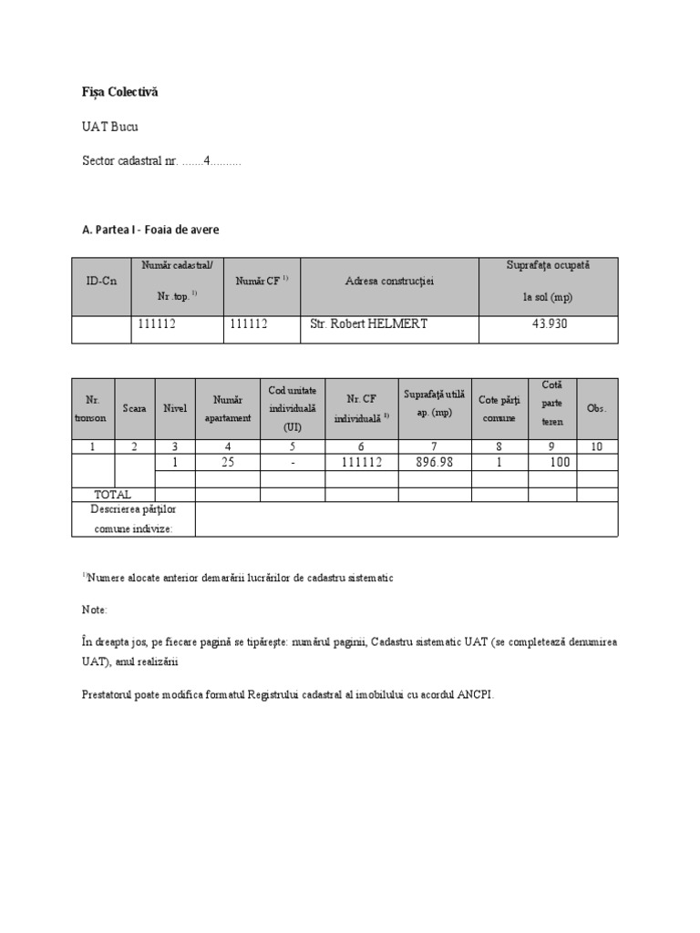 Anexa 1.1 Registrul Cadastral Al Imobilelor Fisa Colectiva Condominiu ...