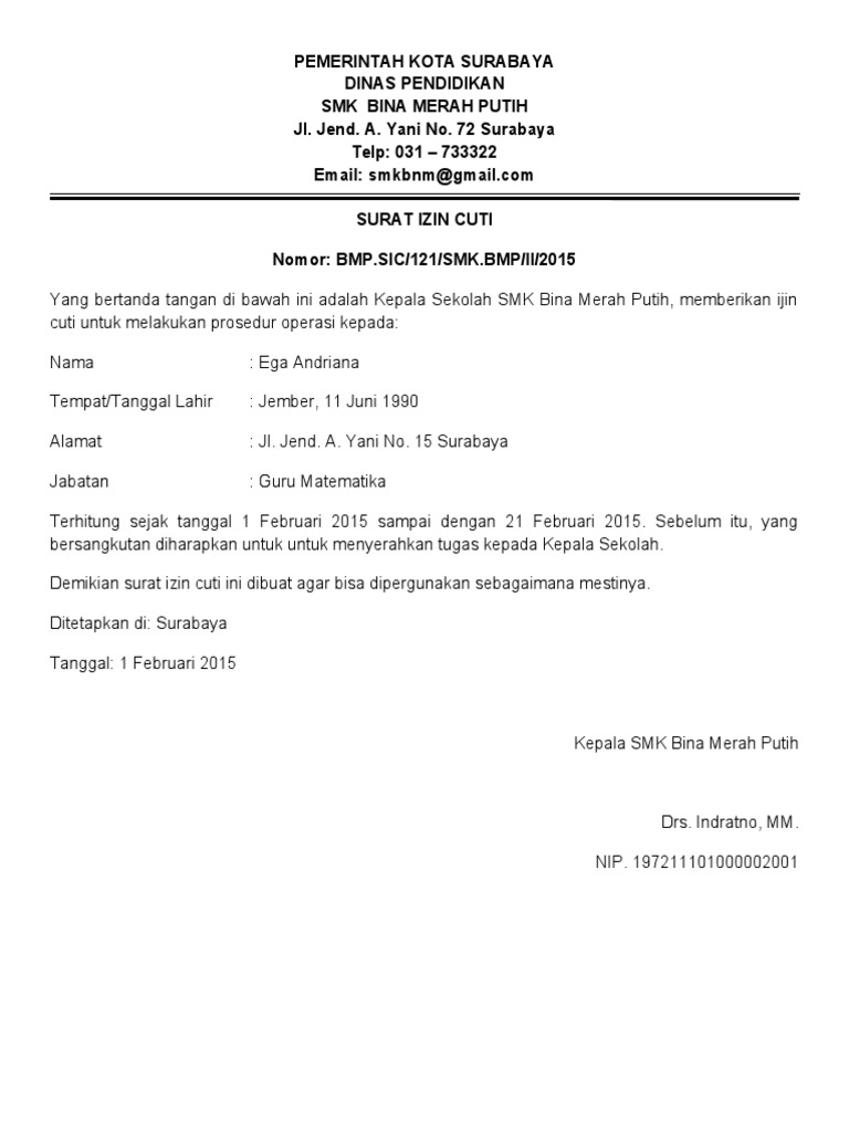 Contoh Surat Pemberian Ijin Cuti Untuk Guru | PDF