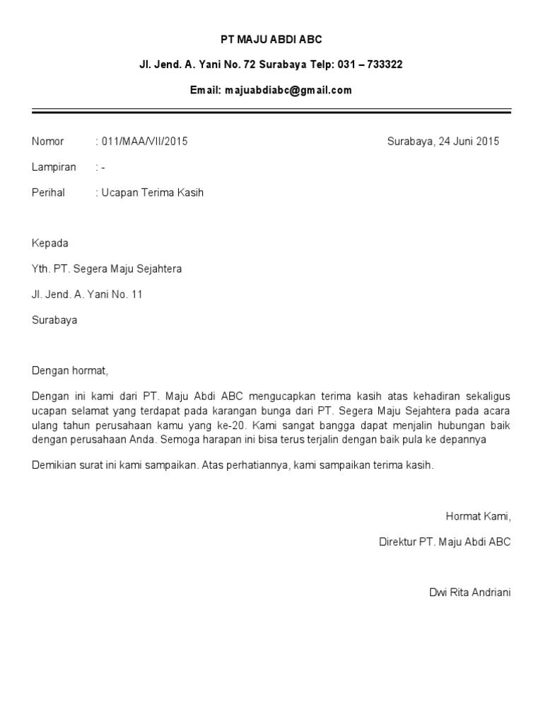 Contoh Surat Ucapan Terima Kasih | PDF