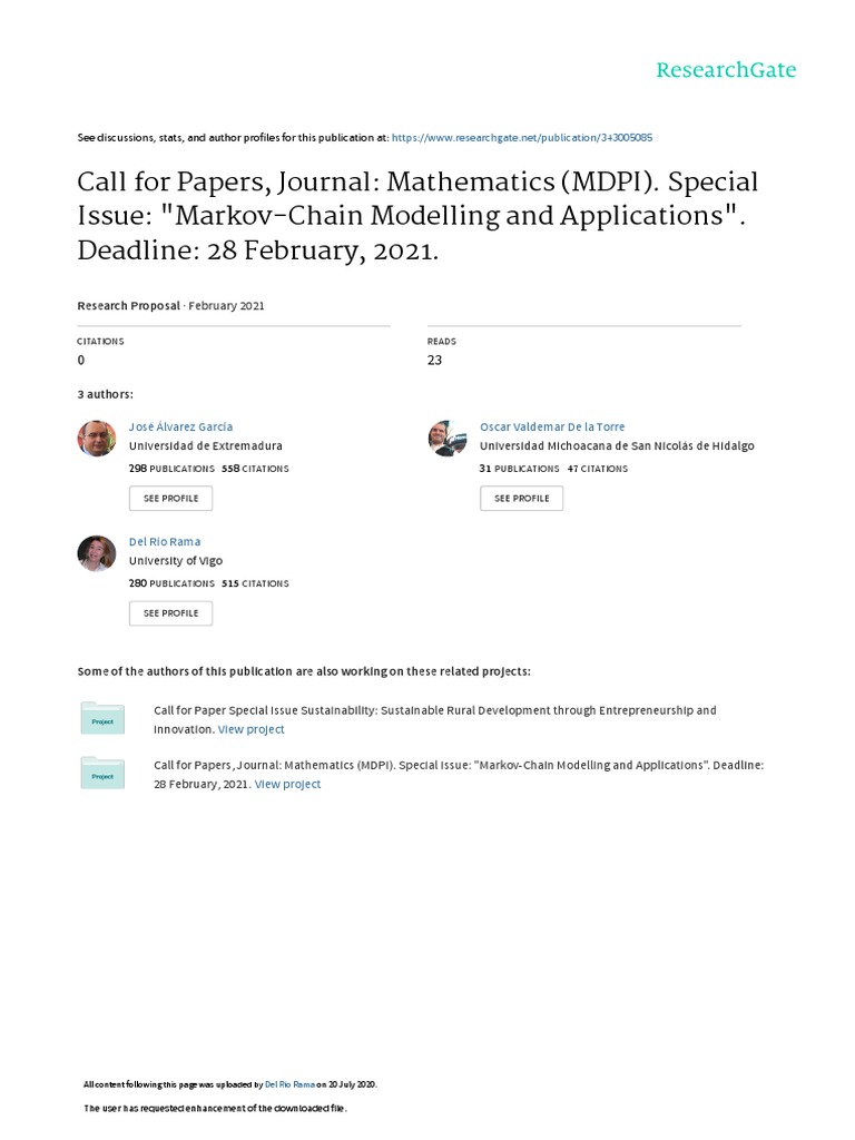 Call For Papers, Journal: Mathematics (MDPI) - Special Issue: "Markov ...