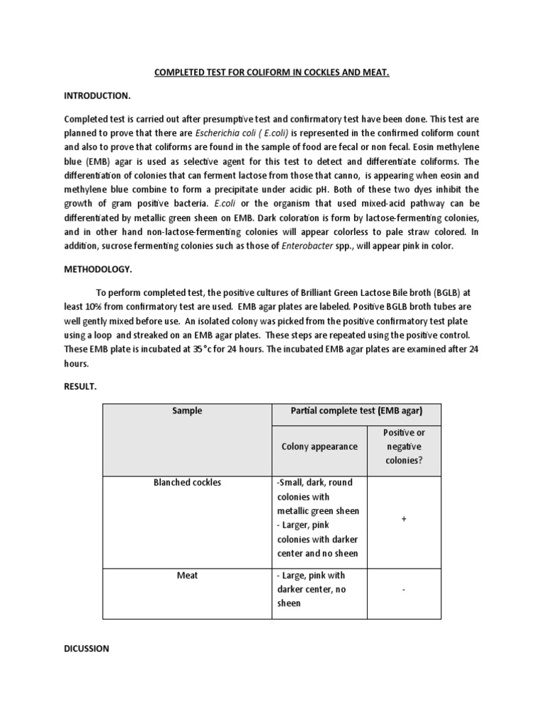 Completed Testing For Coliform in Cockles and Meat | PDF | Biology ...