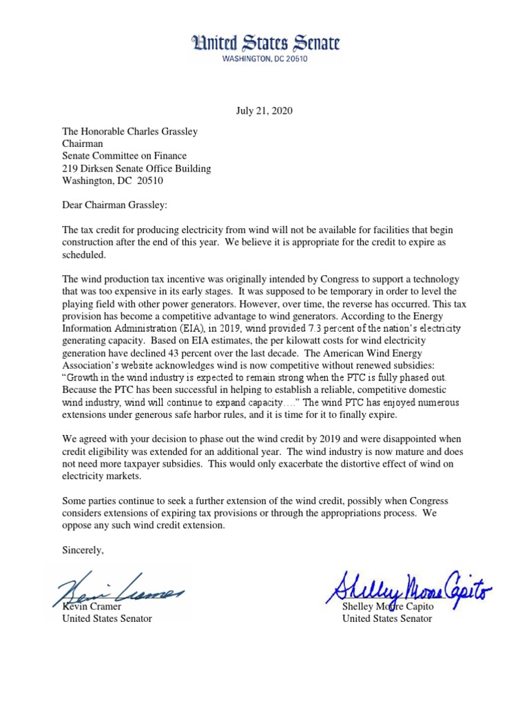 Hoeven Cramer Wind Subsidies Letter | PDF | The United States | Power ...