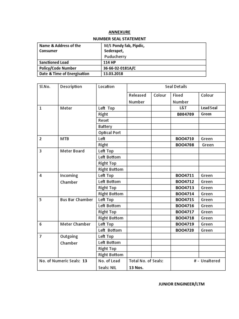 Annexure Number Seal Statement | PDF