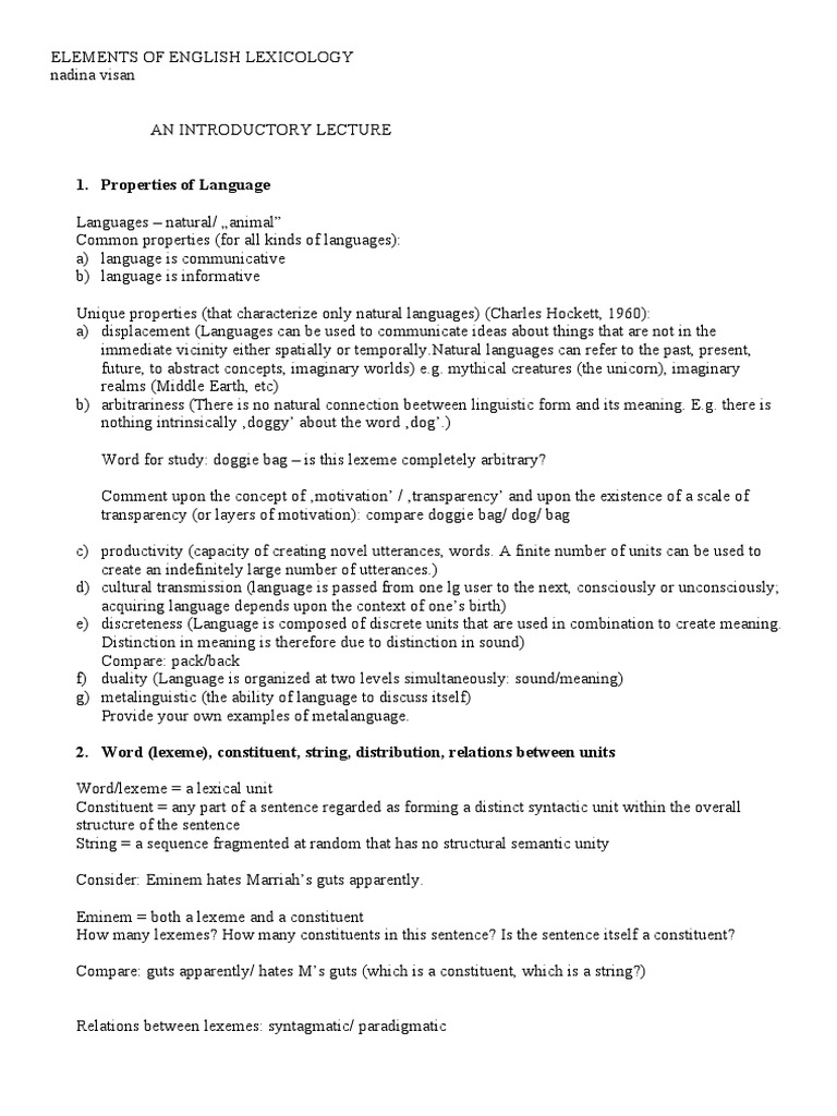 Lecture 1 Lexicology | PDF | Lexicon | Part Of Speech