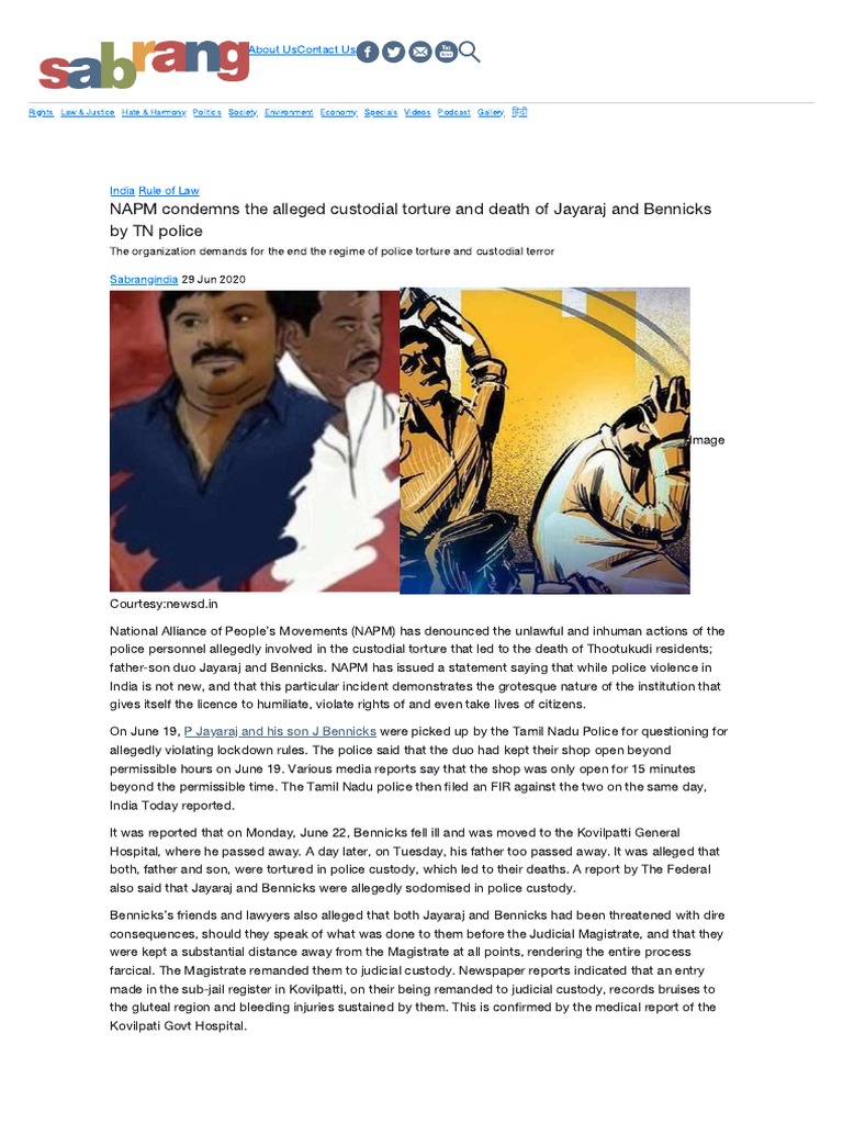 NAPM Condemns The Alleged Custodial Torture and Death of Jayaraj and Bennicks by TN Police ...