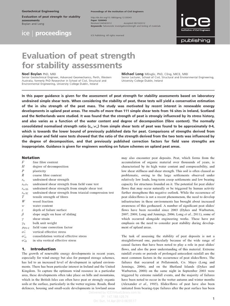 Peat Strength Evaluation for Stability Assessments | PDF | Strength Of ...