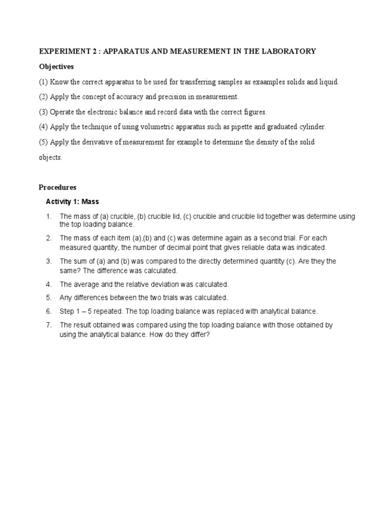 Experiment 2: Apparatus and Measurement in The Laboratory Objectives ...