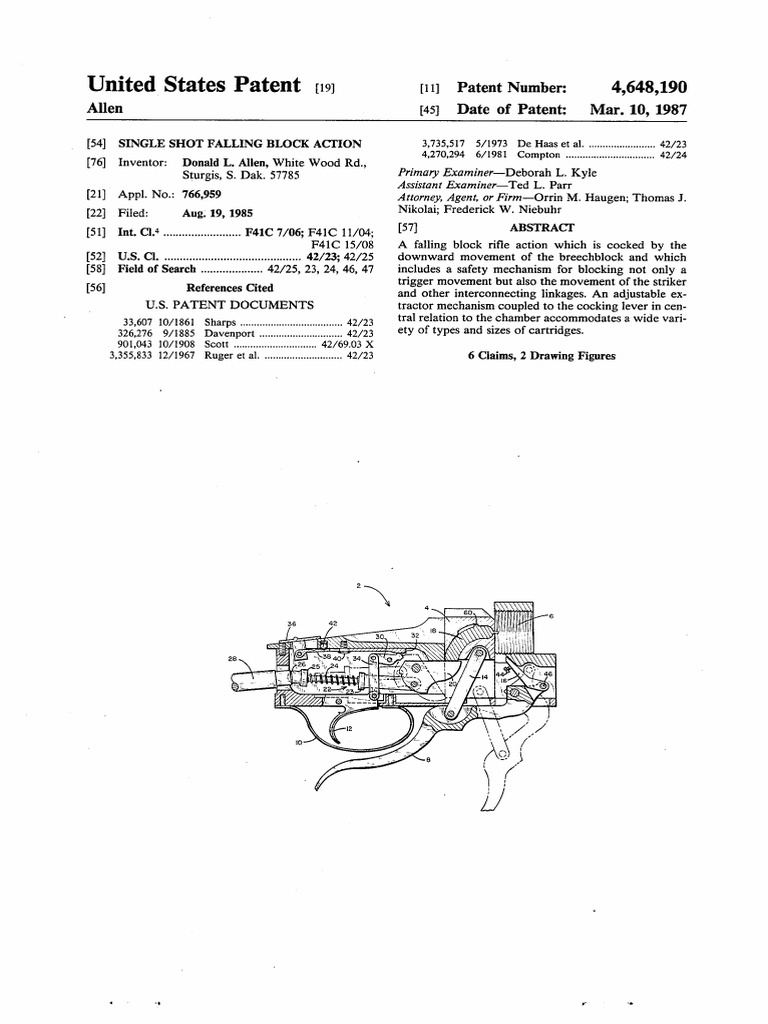 US4648190 Single Shot Falling Block Action | PDF | Trigger (Firearms ...