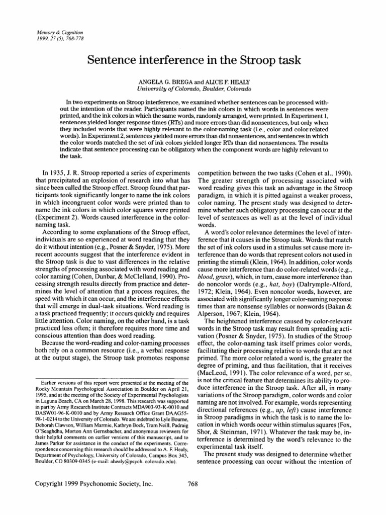 Sentence Interference in The Stroop Task: University Oj Colorado ...