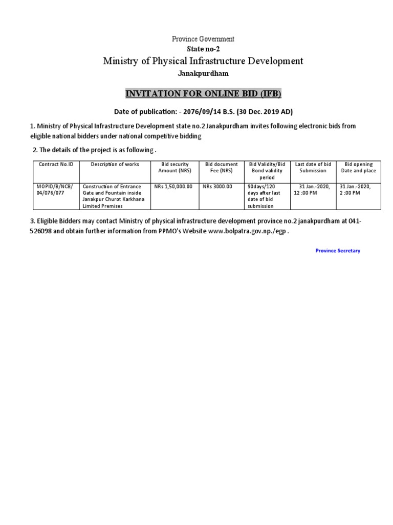 Ministry of Physical Infrastructure Development: Invitation For Online Bid (Ifb) | PDF