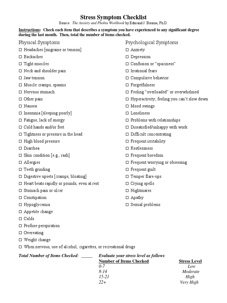 Stress Symptom Checklist: Physical Symptoms Psychological Symptoms ...