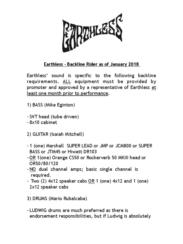 Earthless - Backline Rider As of January 2018 | PDF