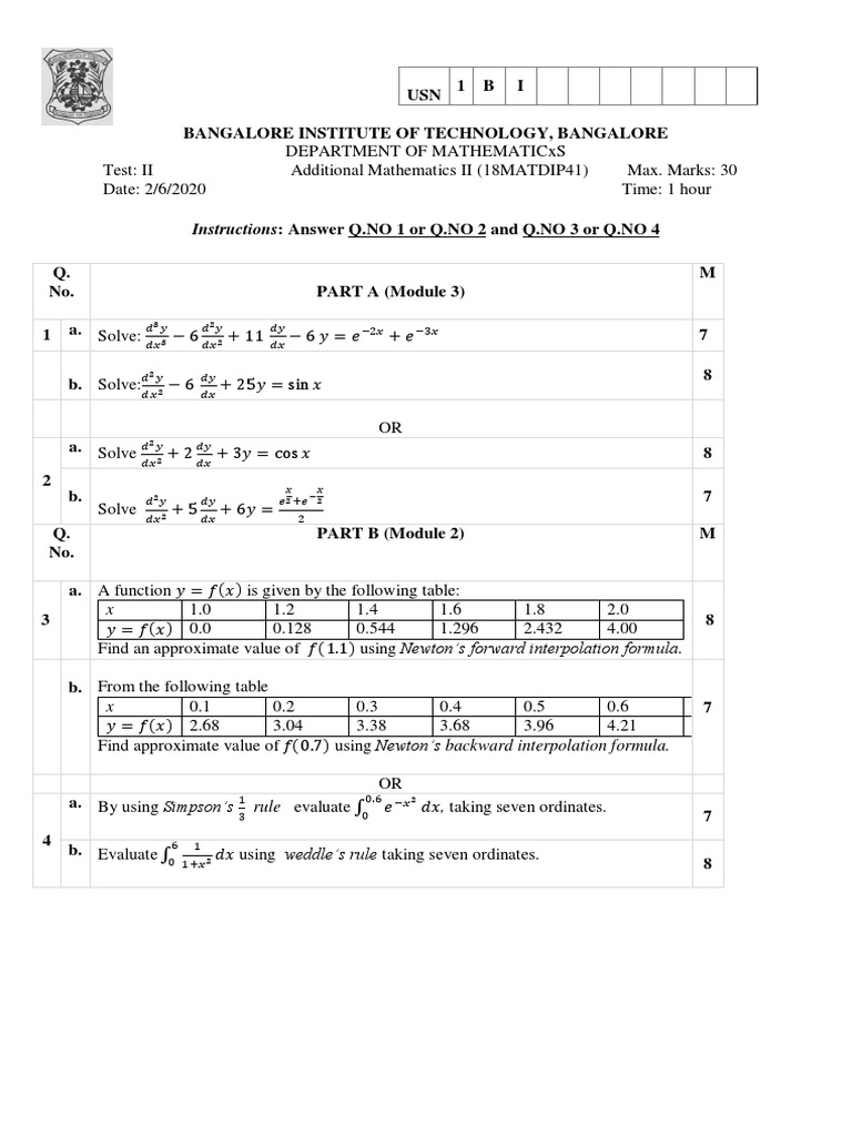 Instructions: Answer Q.NO 1 or Q.NO 2 and Q.NO 3 or Q.NO 4: USN 1 B I ...