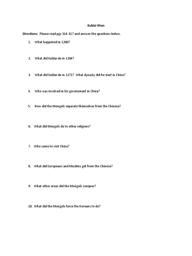 Kublai Khan Directions: Please Read Pgs 314-317 and Answer The ...