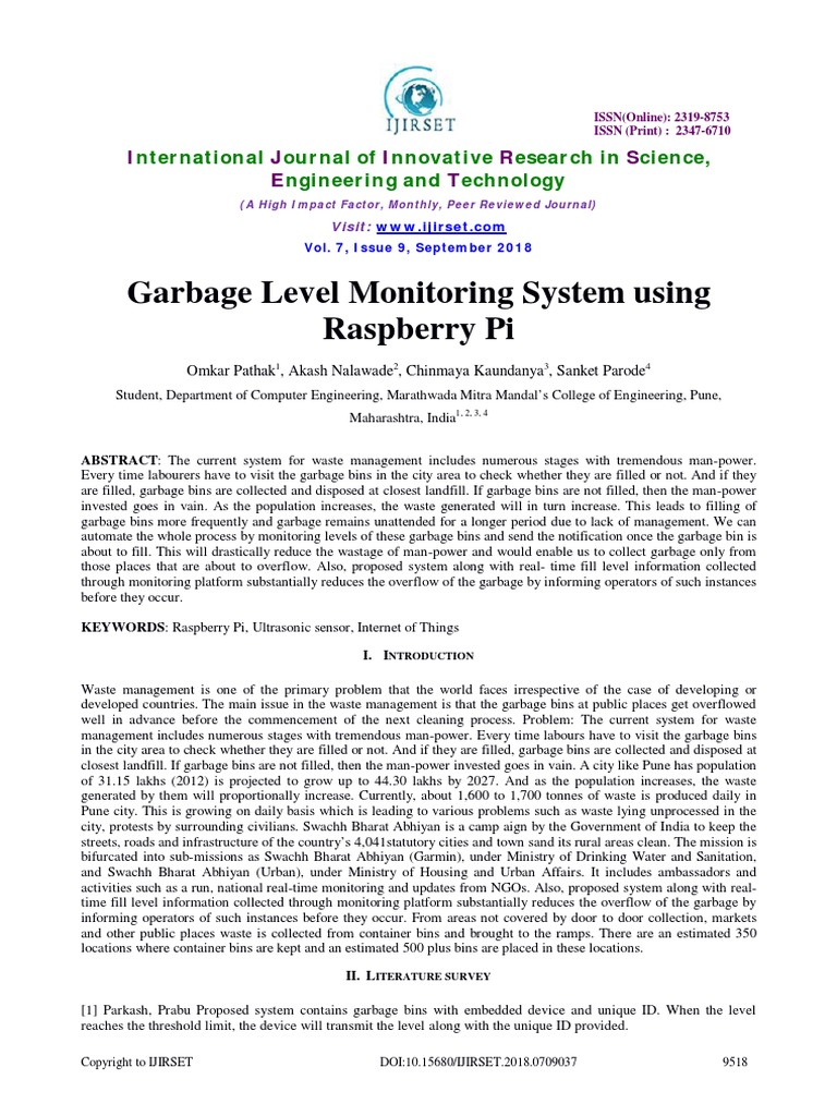 Garbage Level Monitoring System Using Raspberry Pi Pdf Raspberry Pi 3187