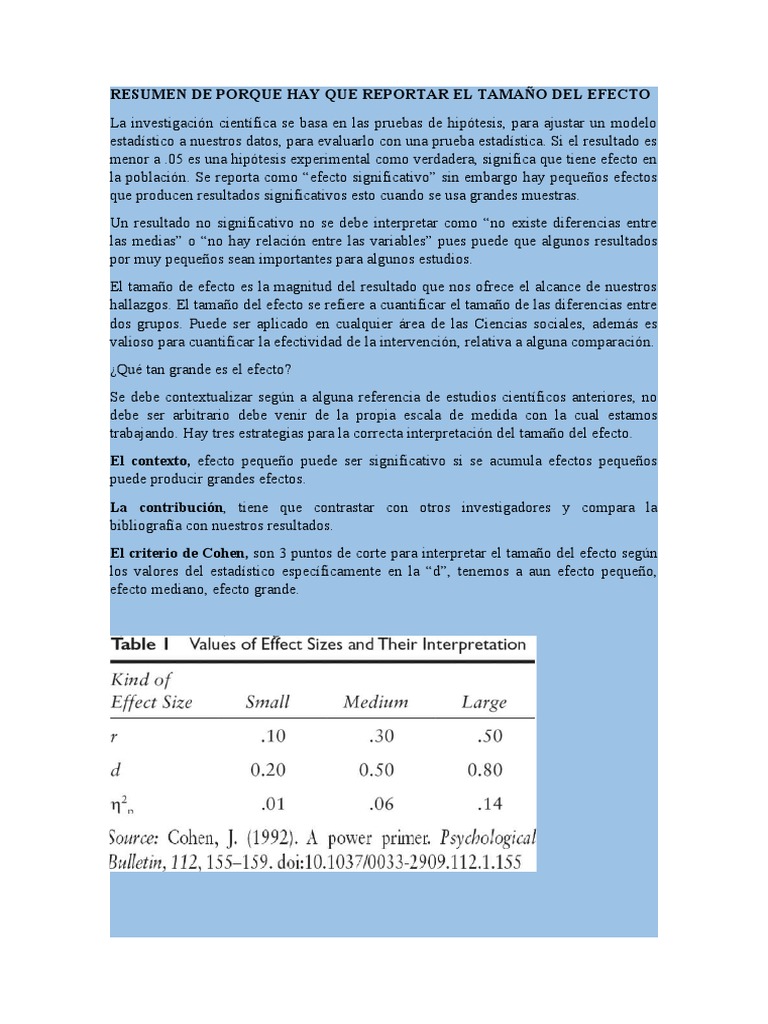 Resumen de Porque Hay Que Reportar El Tamaño Del Efecto | PDF | Tamaño ...