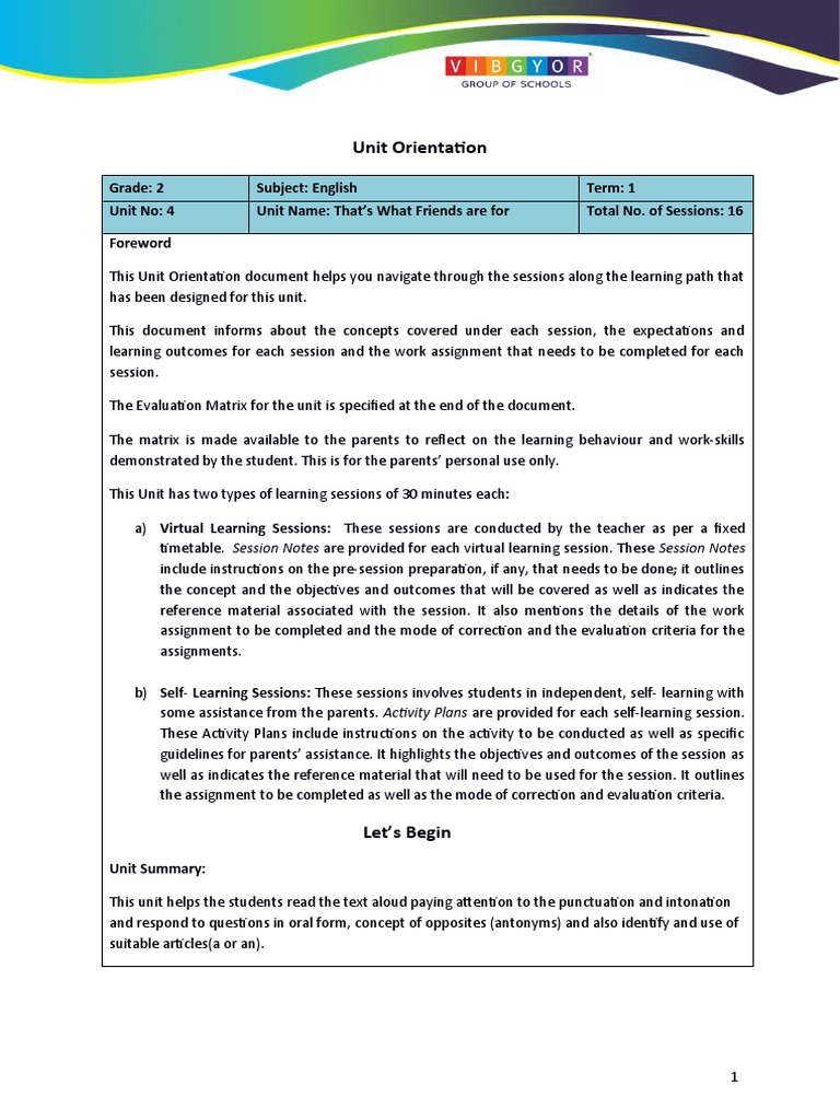 Unit Orientation: Grade: 2 Subject: Term: 1 That's What Friends Are For ...