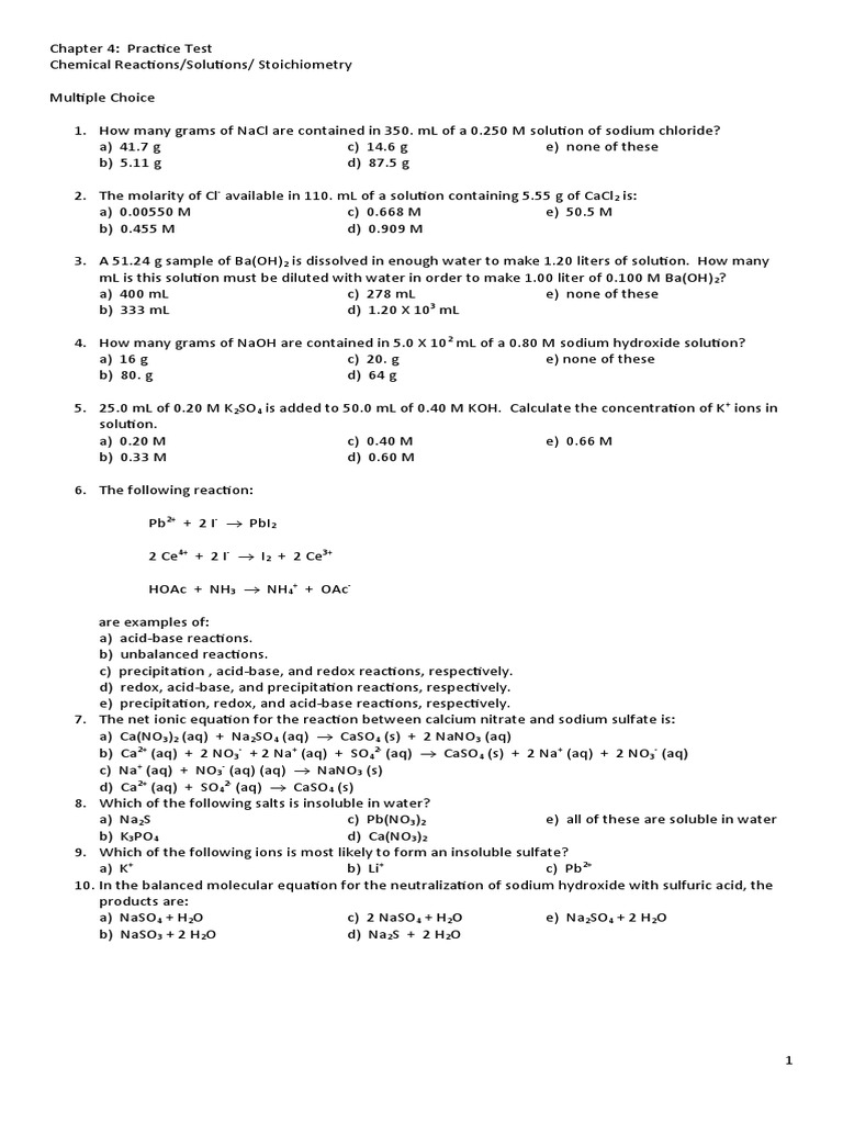 Chapter 4 Practice Test | PDF | Sulfate | Precipitation (Chemistry)