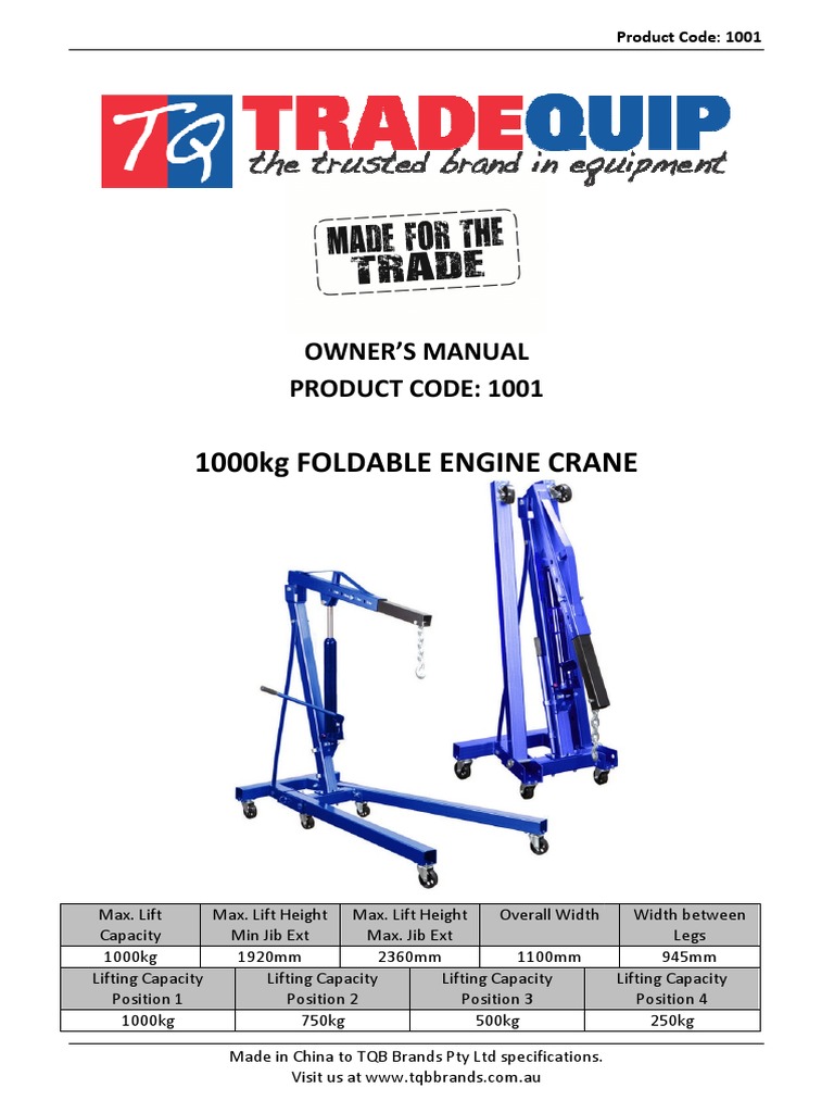 1000Kg Foldable Engine Crane Crane: Owner'S Manual Product Code: 1001 ...