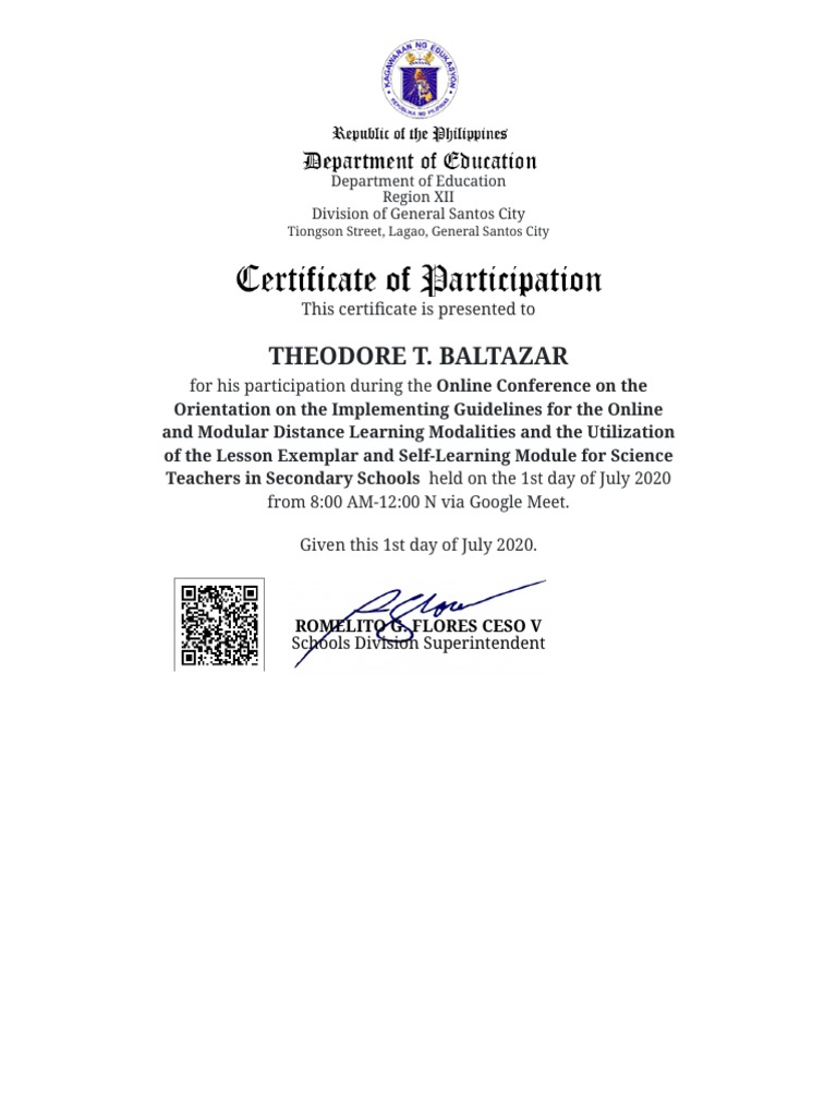 Theodore T. Baltazar: This Certificate Is Presented To | PDF