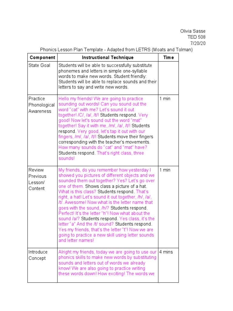 Phonics Lesson Plan Completed Olivia Sasse | PDF | Phonics | Communication