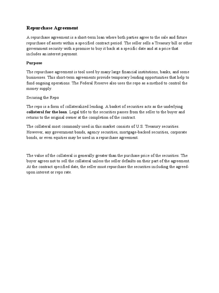 Repurchase Agreement: Purpose | PDF