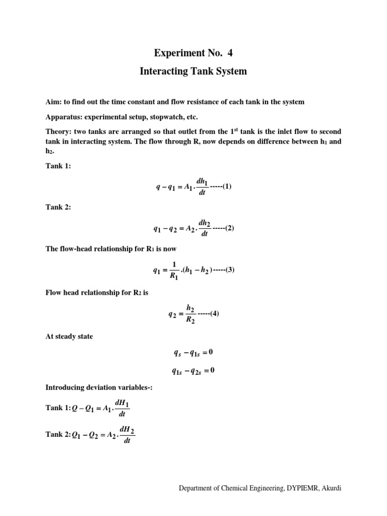 Experiment No. 4 Interacting Tank System: DT DH A Q Q | PDF ...