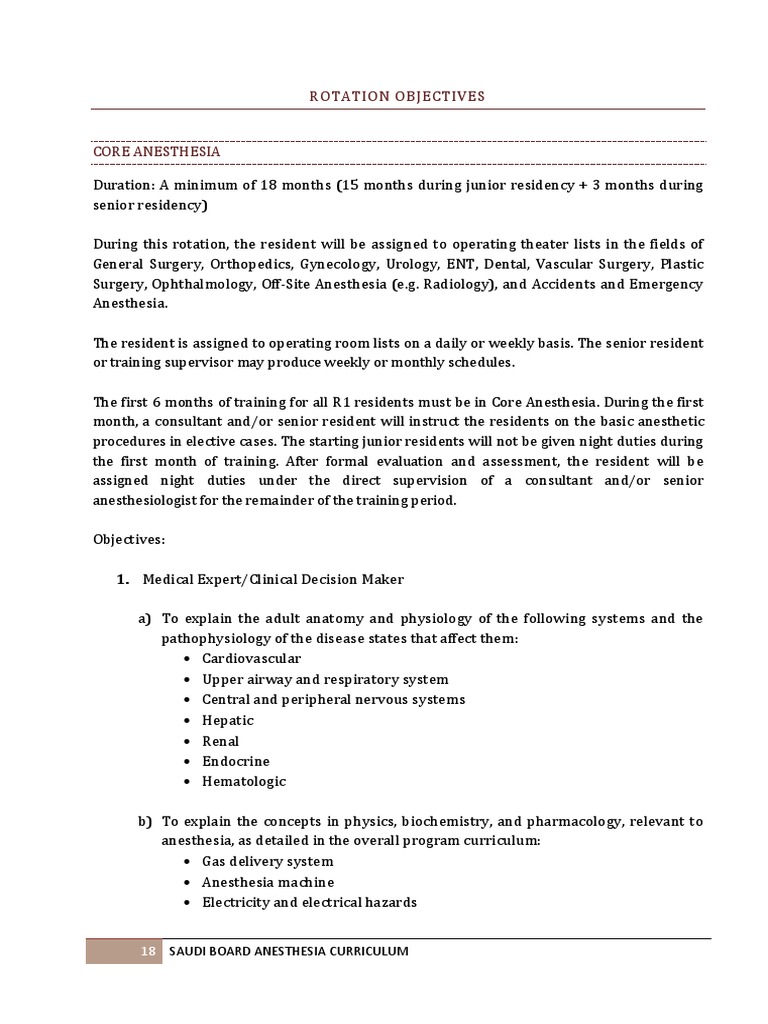 Core Anesthesia: Rotation Objectives | PDF | Anesthesia | Patient