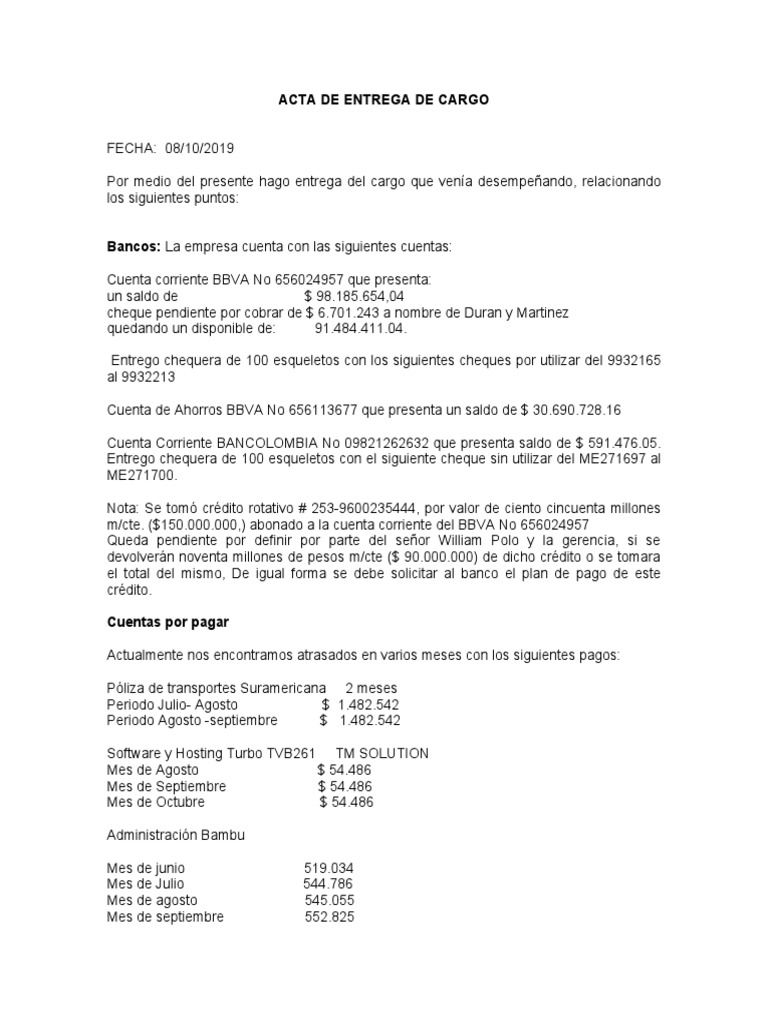 Acta de Entrega de Cargo | PDF | Cheque | Dinero