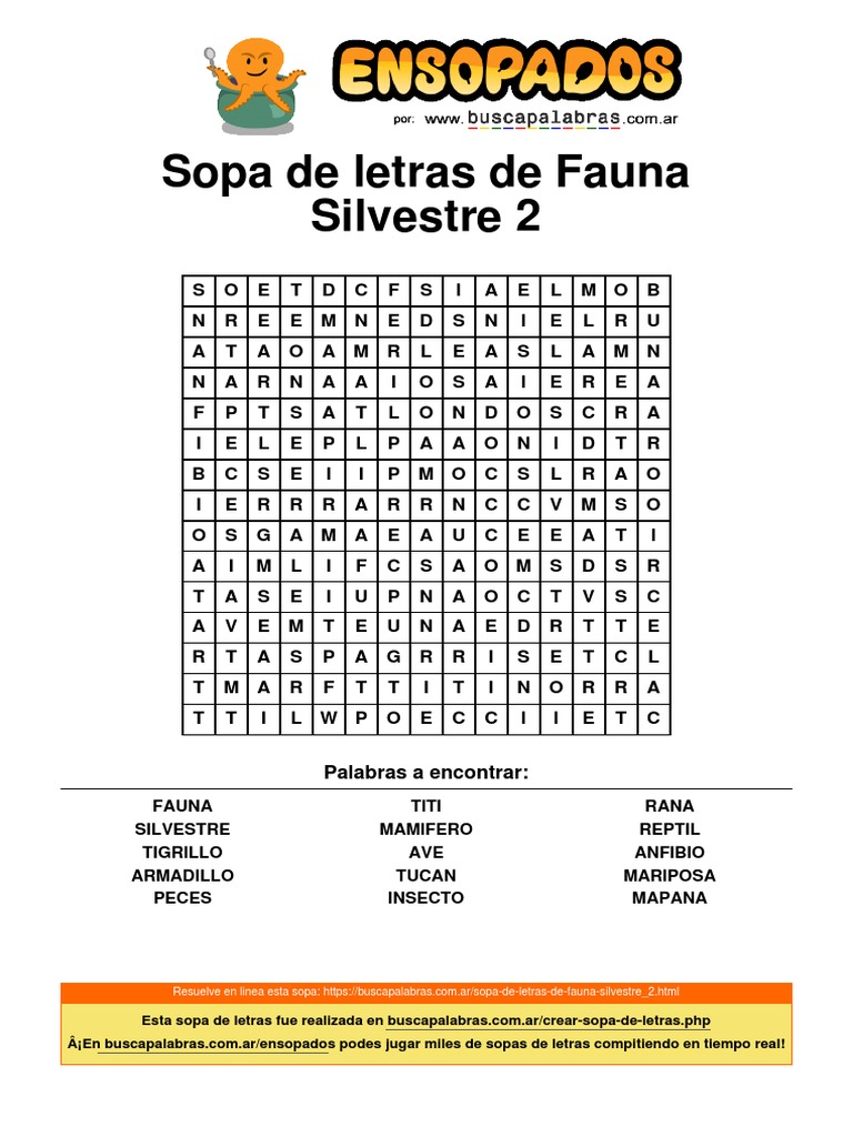 Sopa de Letras de Fauna Silvestre - 2 | PDF | Organismos | Naturaleza