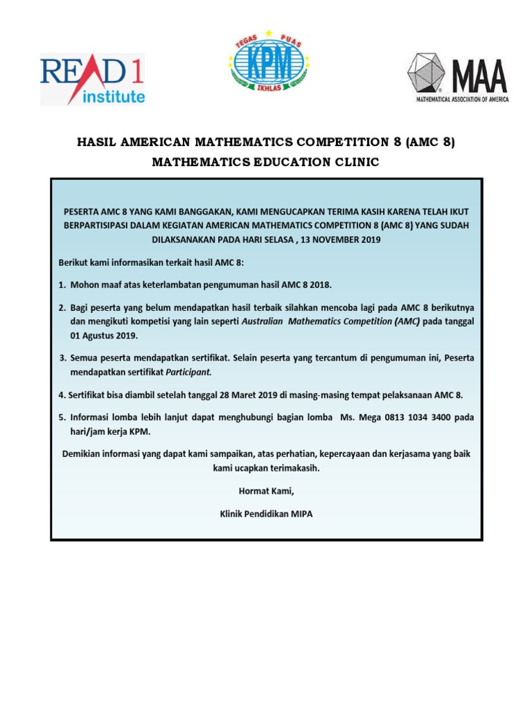 Hasil American Mathematics Competition 8 (Amc 8) Mathematics Education ...