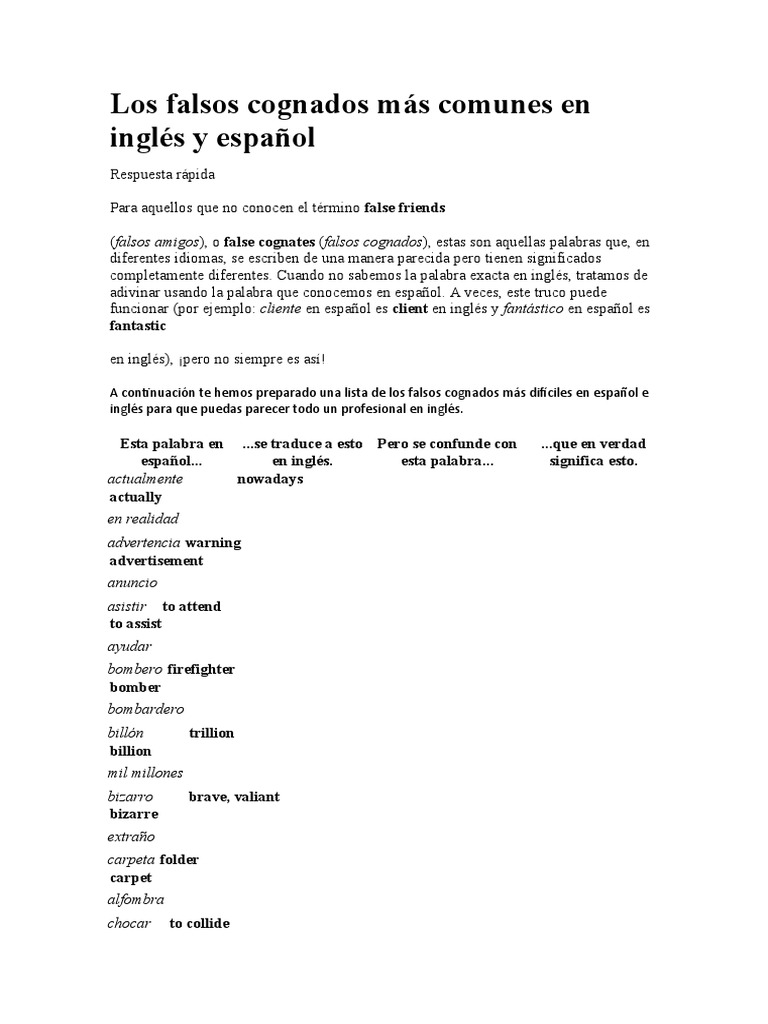 Los Falsos Cognados Más Comunes en Inglés y Español | PDF