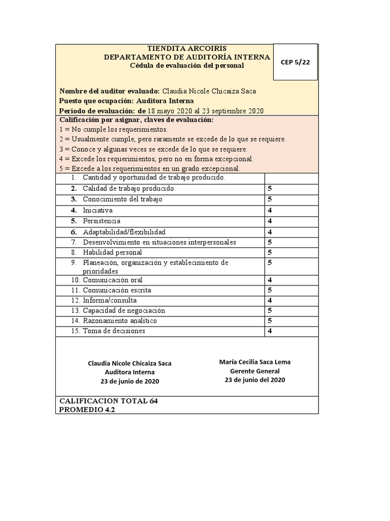 Cédula de Evaluación Al Personal de Auditoría | PDF